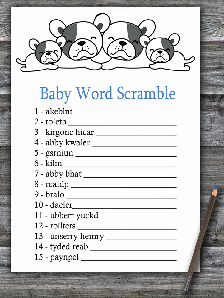 Bulldog Baby word scramble game card,Dog Baby shower games printable ...