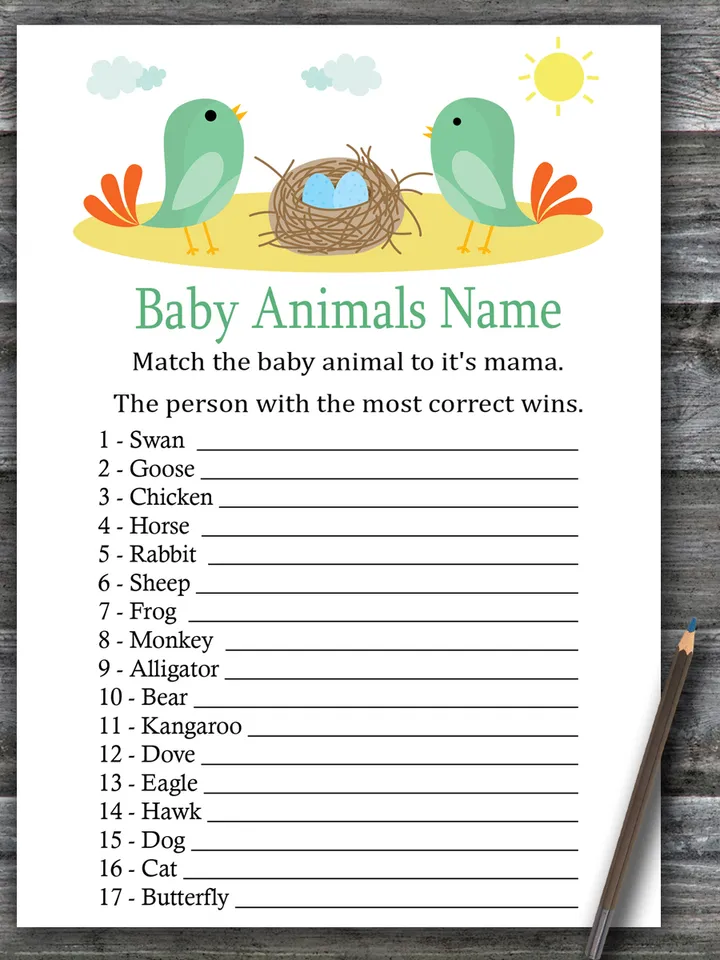 Birds Baby animals name game card,Birds and nest Baby shower games ...