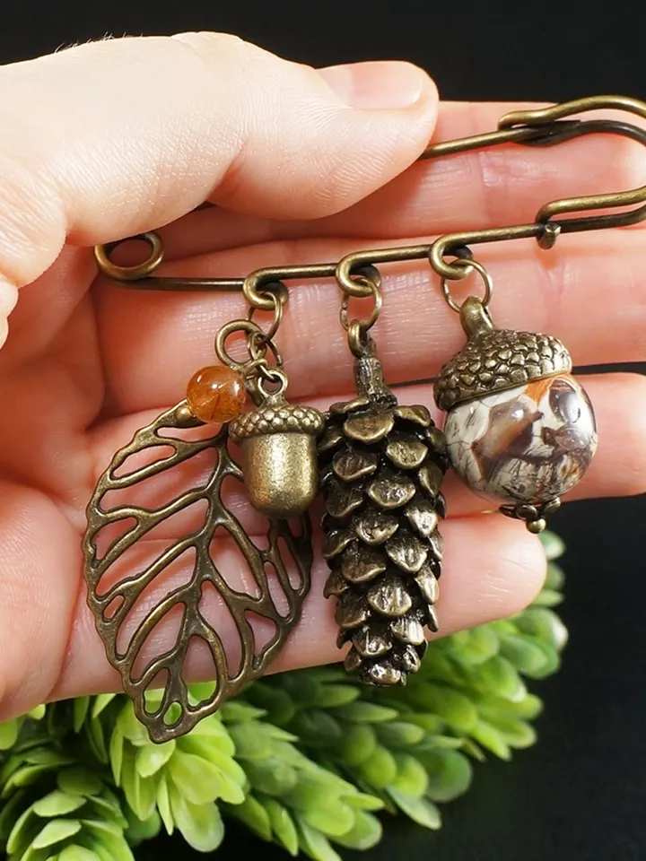 Brown Beige Red Jasper Acorn Pine Cone Leaf Forest Woodland Jewelry Pin ...