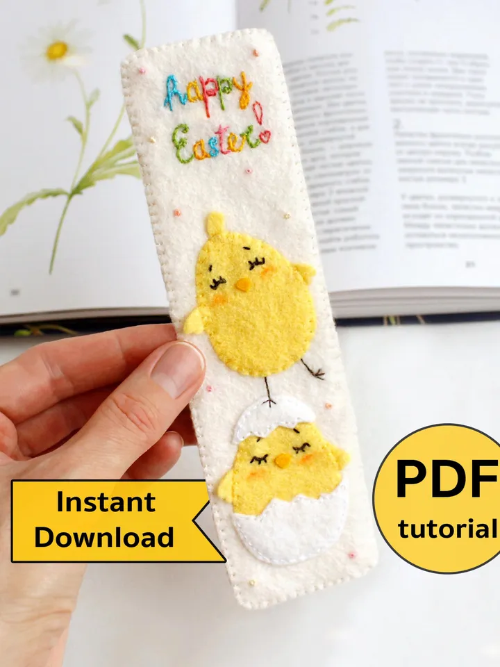 Felt "happy Easter!" bookmark with chicks hand sewing PDF tutorial with ...