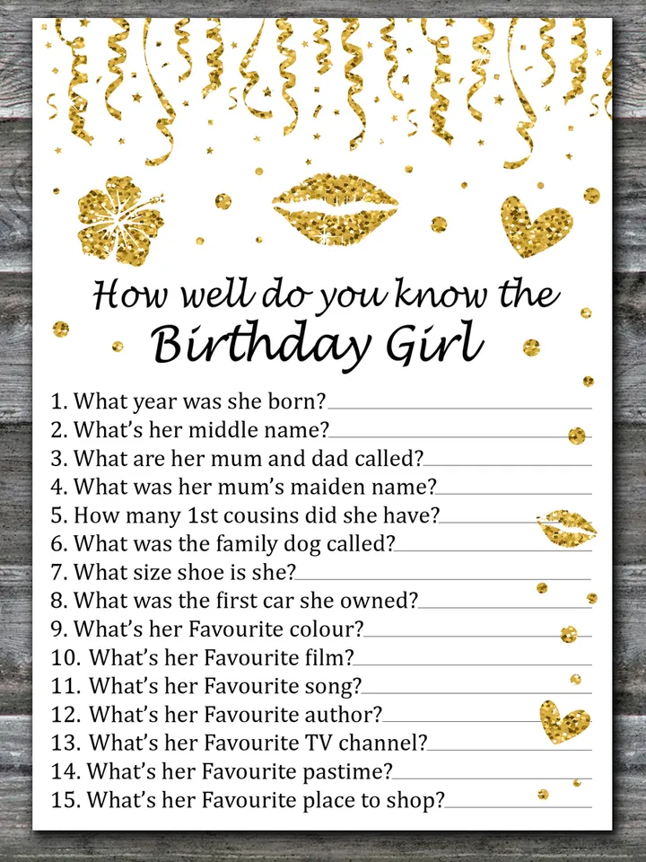 Gold glitter How well do you know the birthday girl,Adult Birthday ...