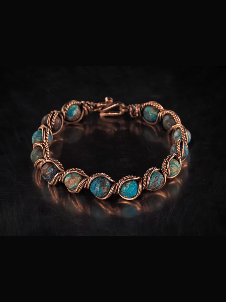 Copper wire wrapped bracelet with chrysocolla for lady Antique style ...