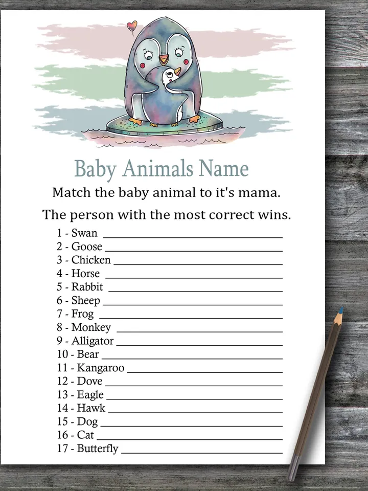 Penguin Baby animals name game card,Winter animals Baby shower games ...