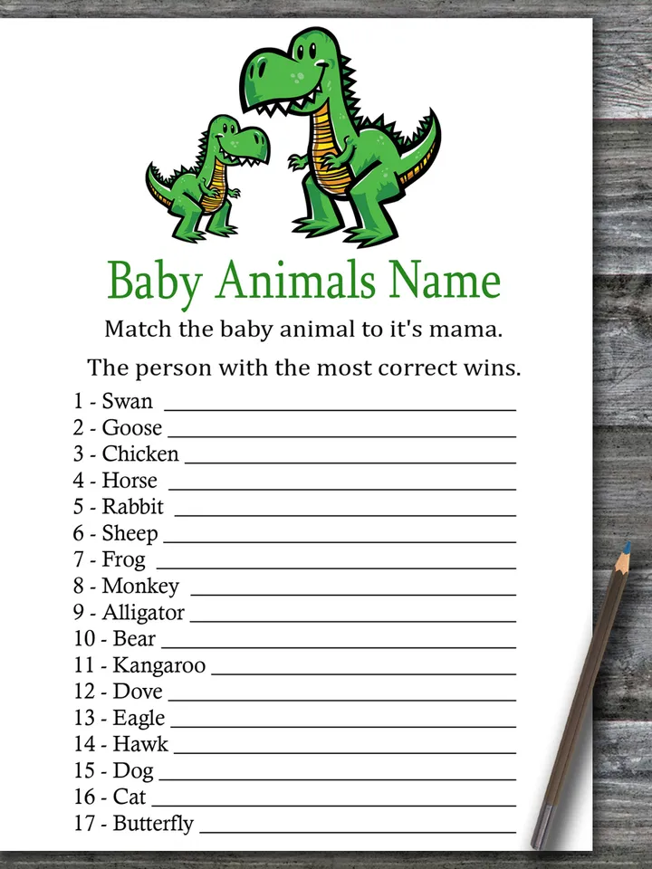 T-rex Baby animals name game card,Dinosaur Baby shower games printable ...