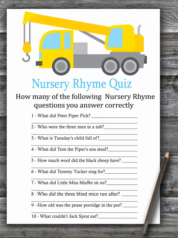 Construction Nursery rhyme quiz baby shower game card,Crane Baby shower ...