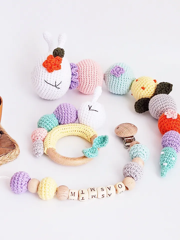 Customizable Crochet Caterpillar Rattle – Montessori Baby Toys Gift Set ...