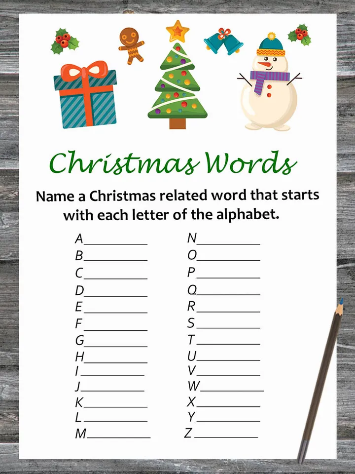 Christmas party games,Christmas Word A-Z Game Printable,Snowman and ...