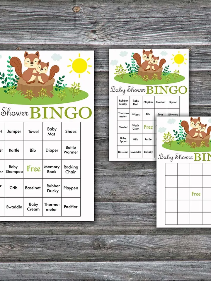 Cute Squirrel Baby Shower Bingo Cards,Woodland Baby Shower Bingo Games ...
