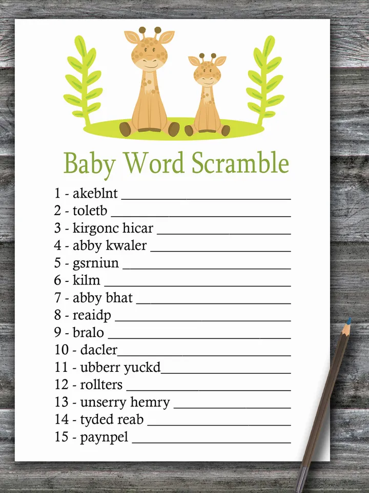 Safari Baby word scramble game card,Giraffe Baby shower games printable ...