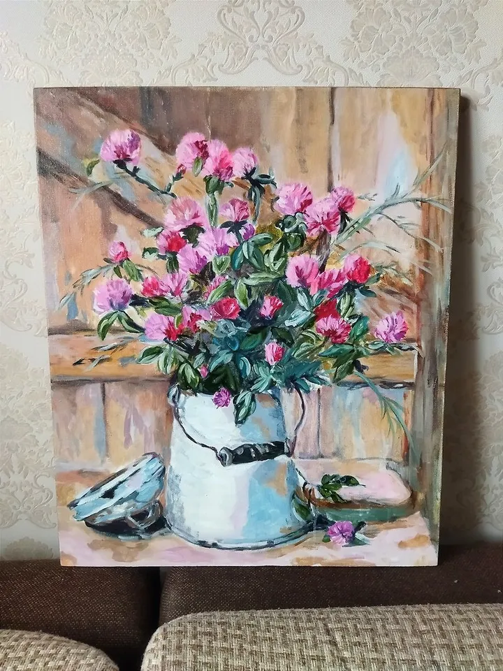 Original oil painting on canvas, still life with clover