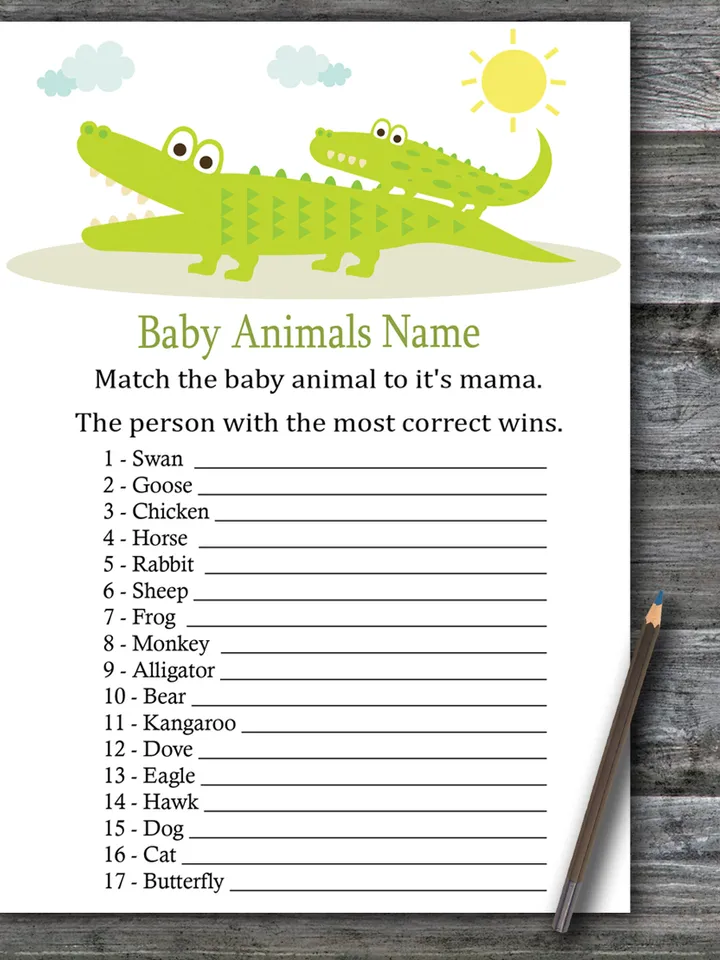 Alligator Baby animals name game card,Jungle Baby shower games ...