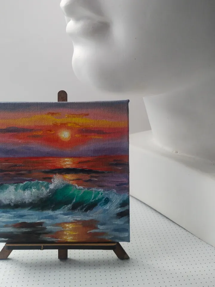 Original Sunset Seascape Oil Painting, miniature canvas with easel ...
