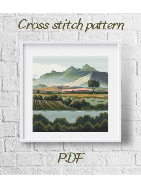 Cross stitch pattern /200x200st/ Mountain foggy landscape, cross stitch ...