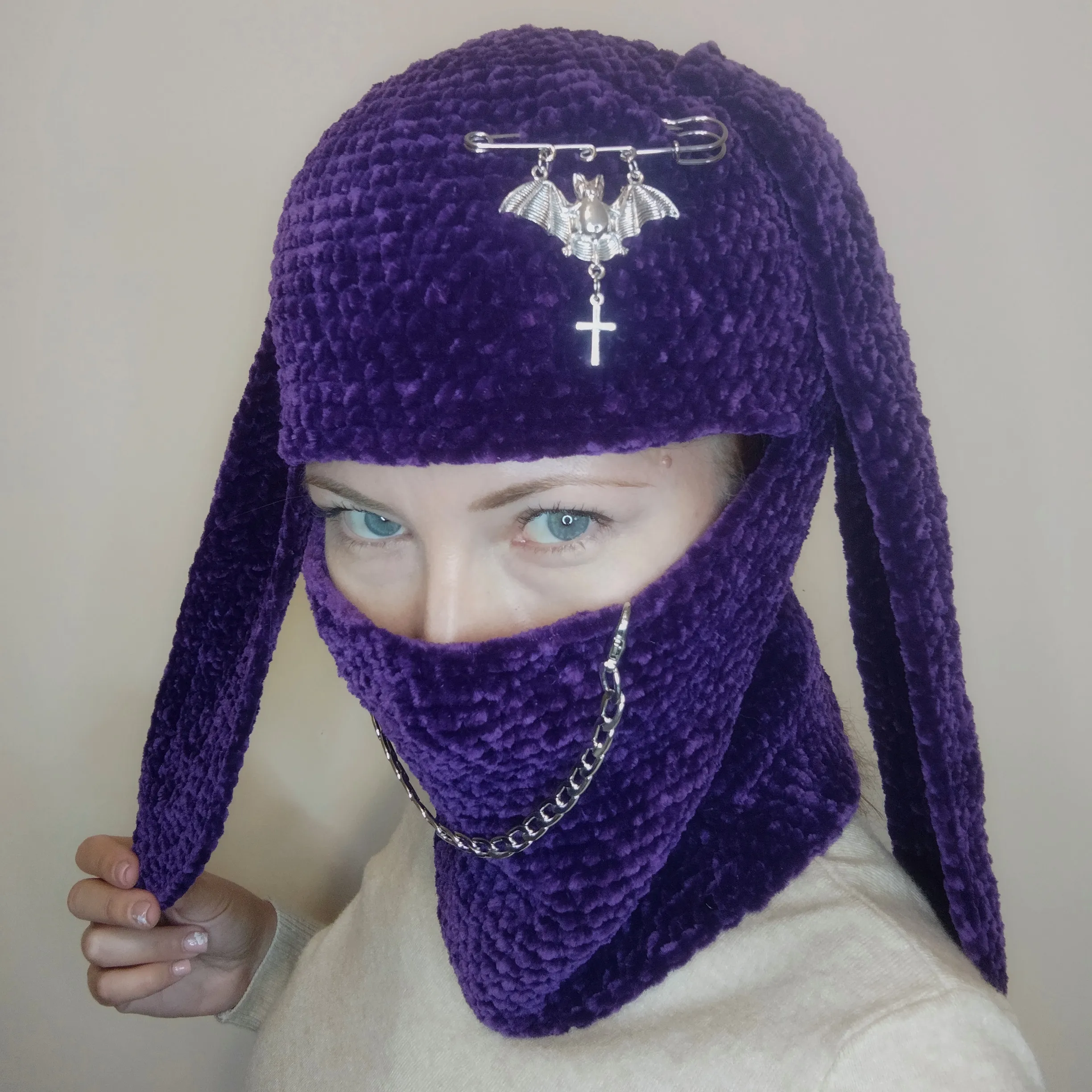 Purple bunny balaclava with bat charm Fluffy balaclava with bunny ears ...