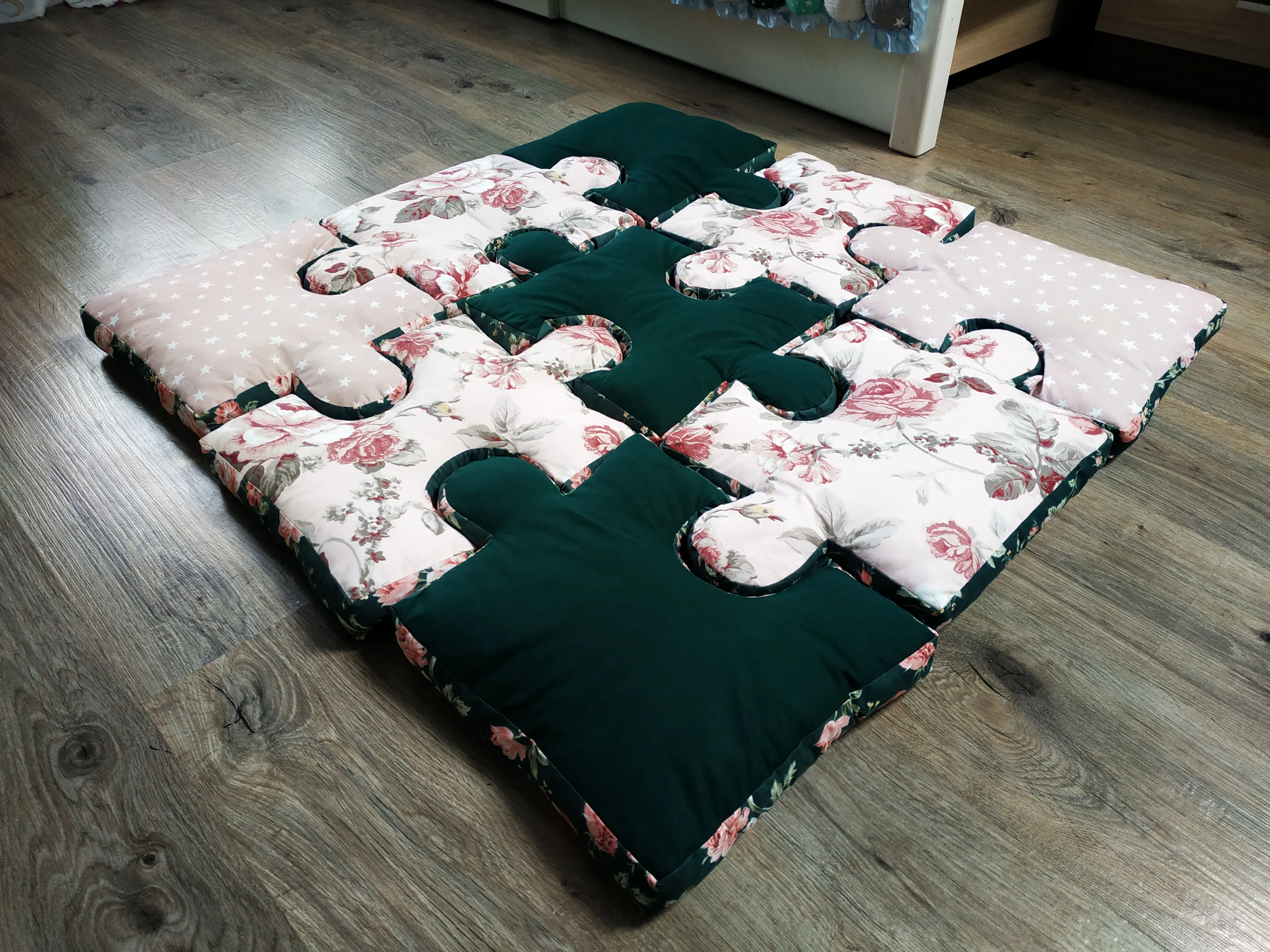 Blush pink and emerald color puzzle baby play mat with flowers and ...