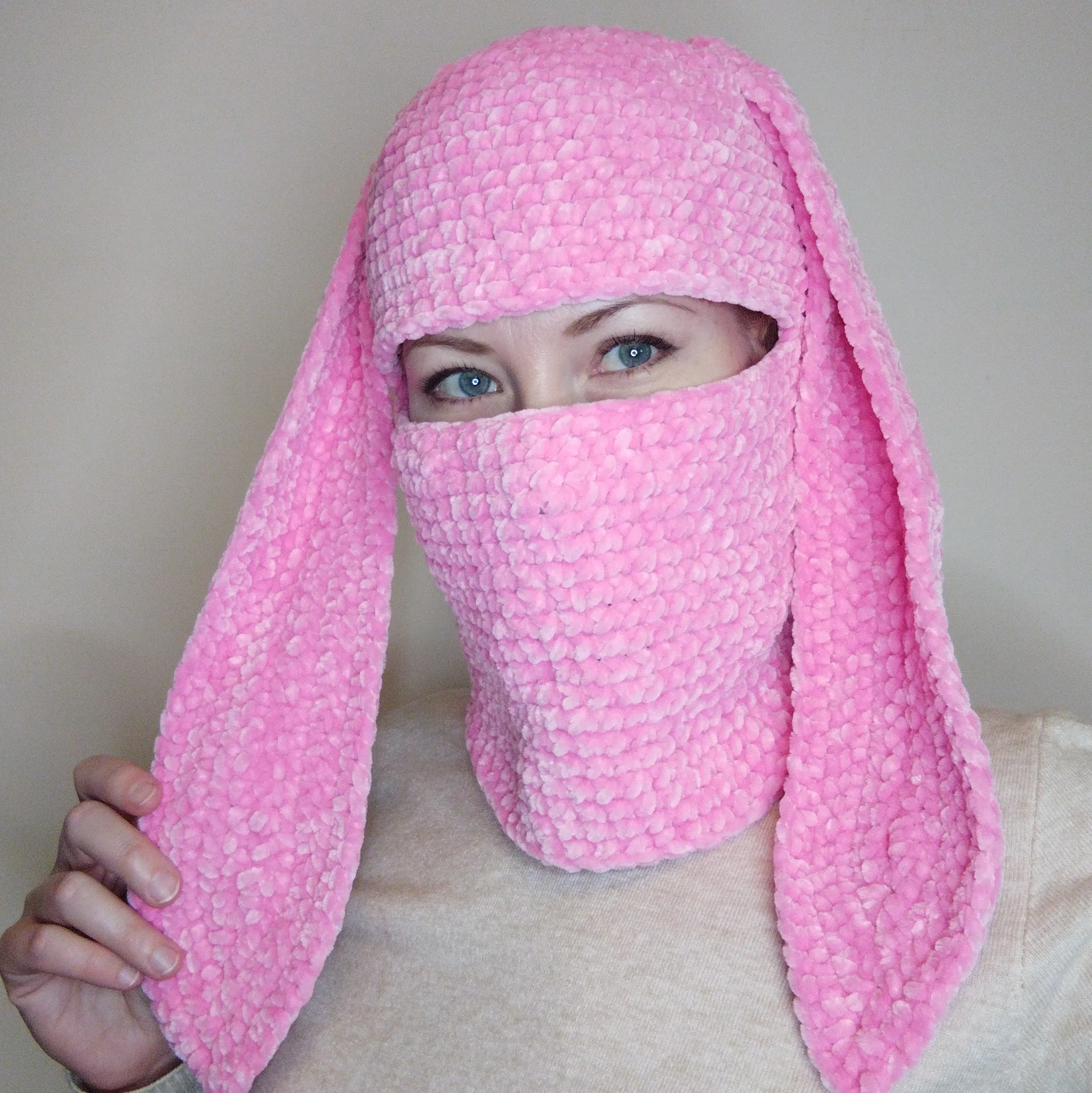 Pink bunny balaclava crochet Fluffy balaclava with bunny ears Kawaii ...