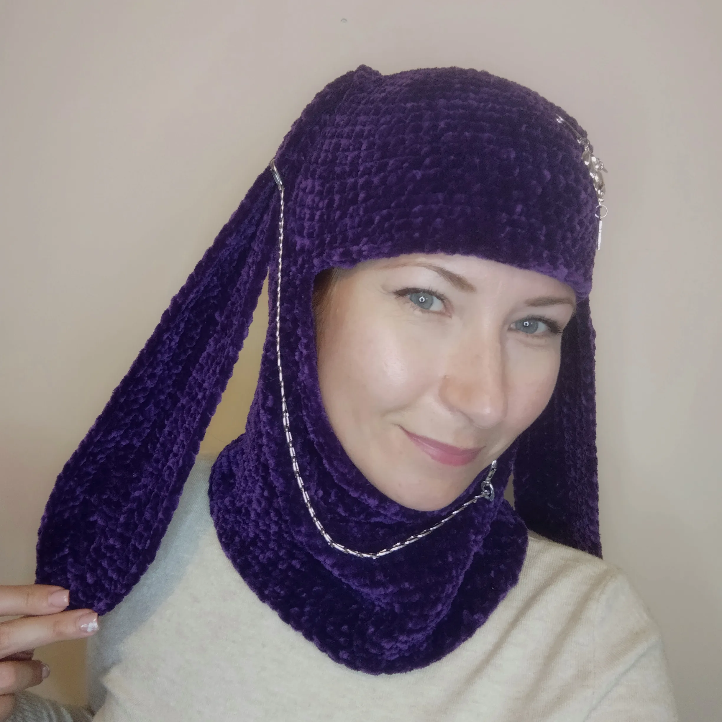 Purple bunny balaclava with bat charm Fluffy balaclava with bunny ears ...