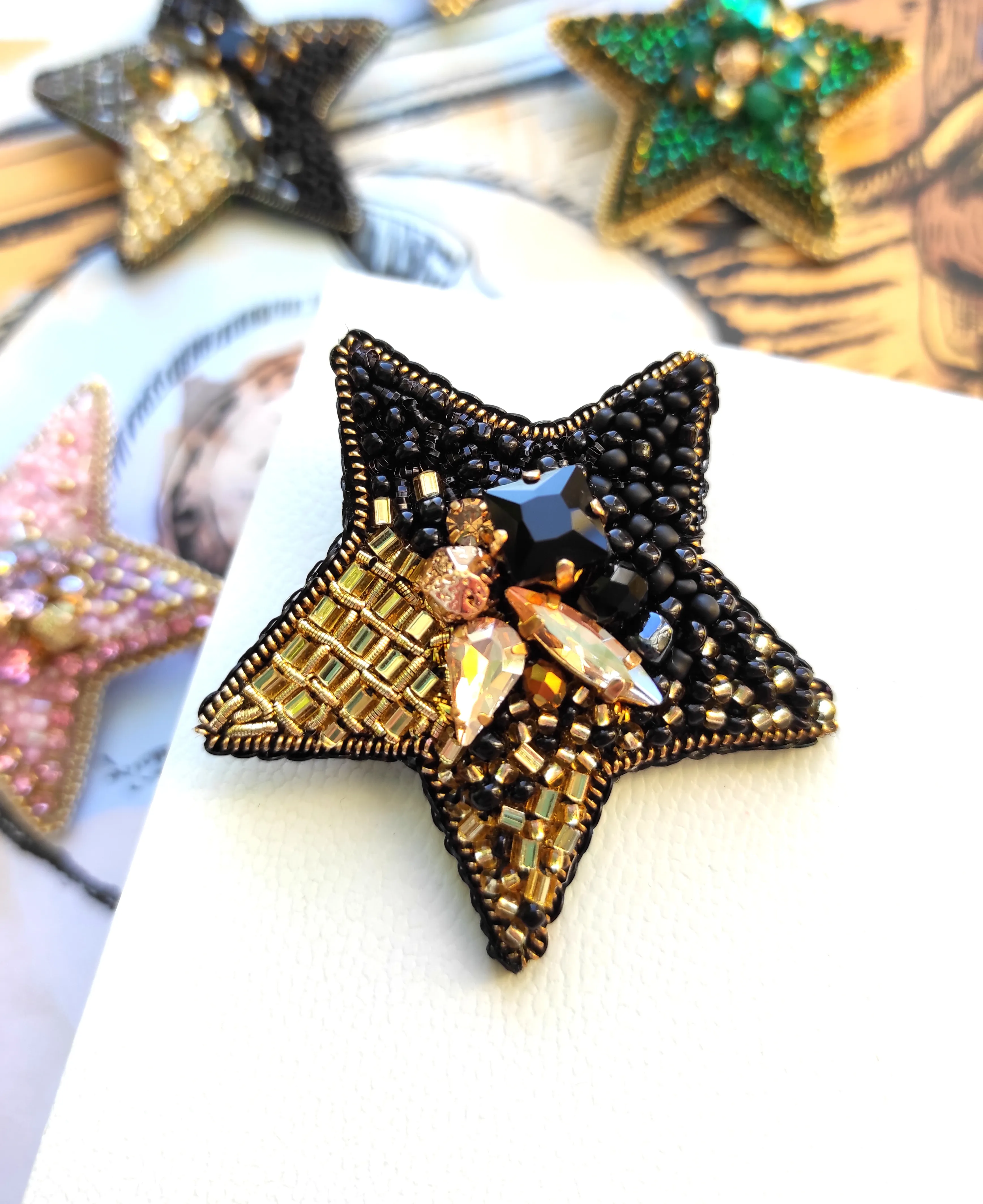 Black star brooch, beaded brooch, embroidered brooch, space pin, star ...