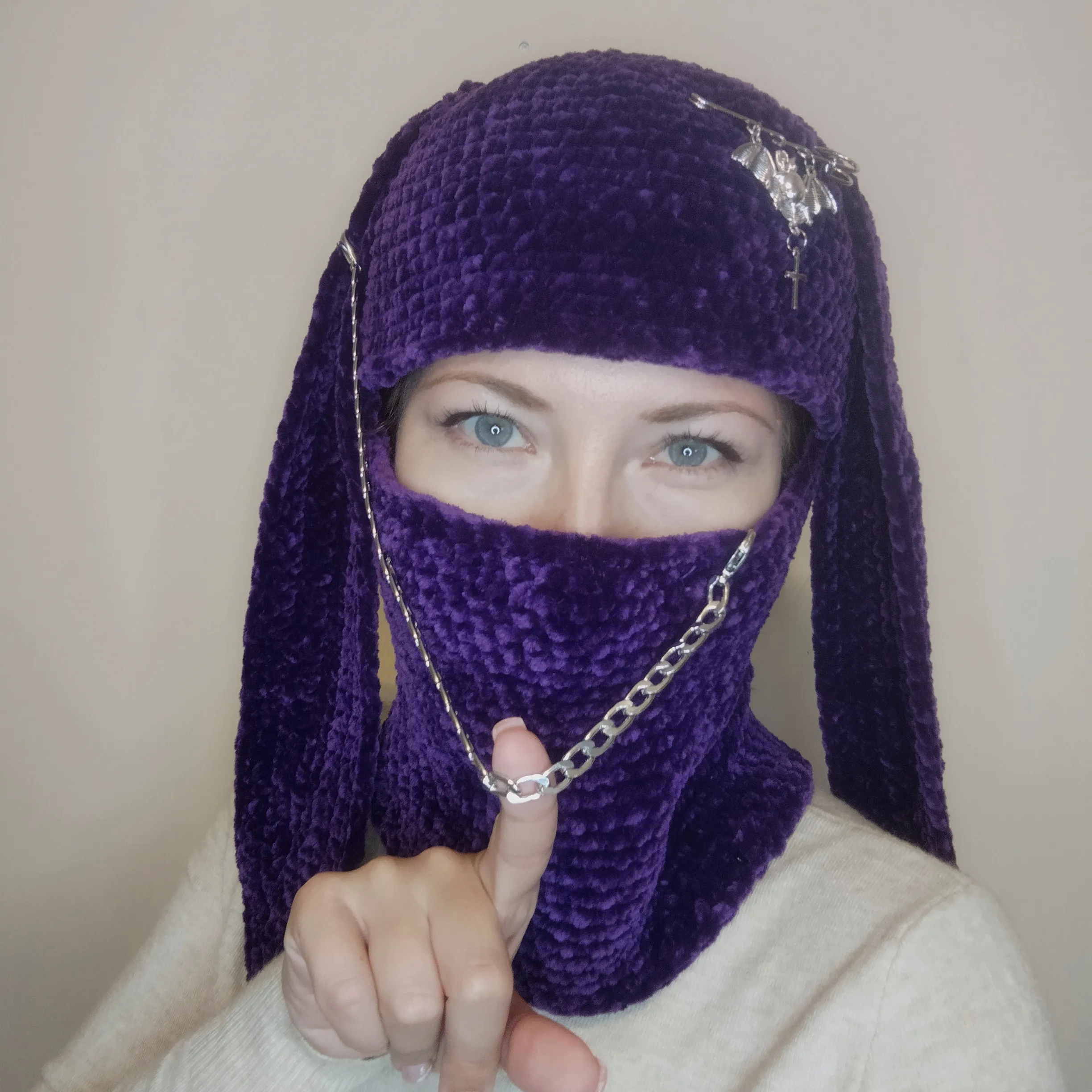 Purple bunny balaclava with bat charm Fluffy balaclava with bunny ears ...