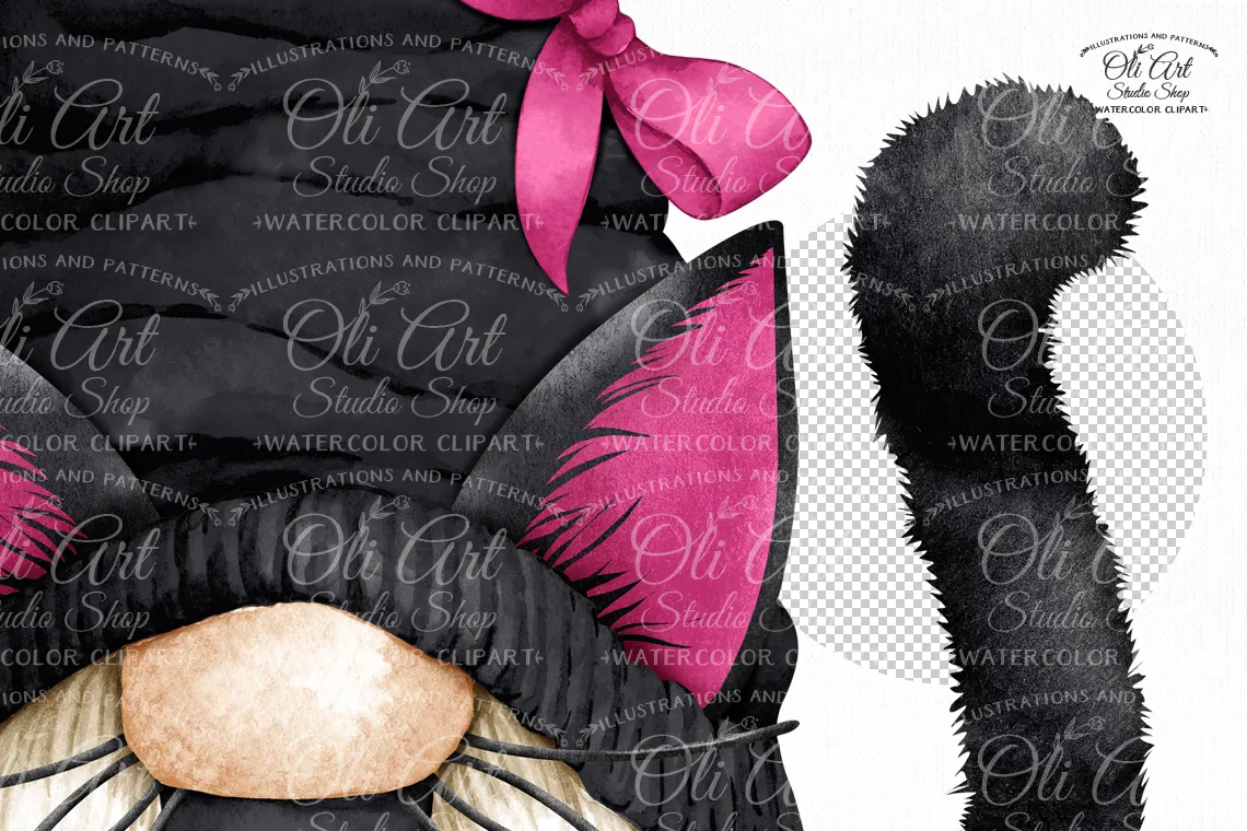 Black Cat Gnome Clip Art. Animal Gnome. Hand Drawn graphics. Digital ...