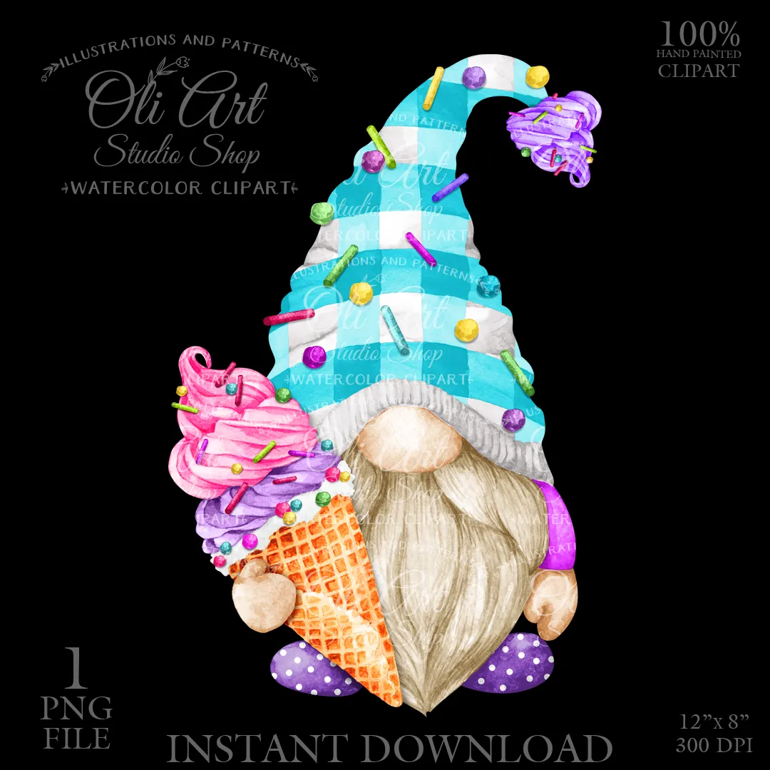 Ice Cream Gnome Clip Art. Cute Characters, Hand Drawn graphics. Digital ...