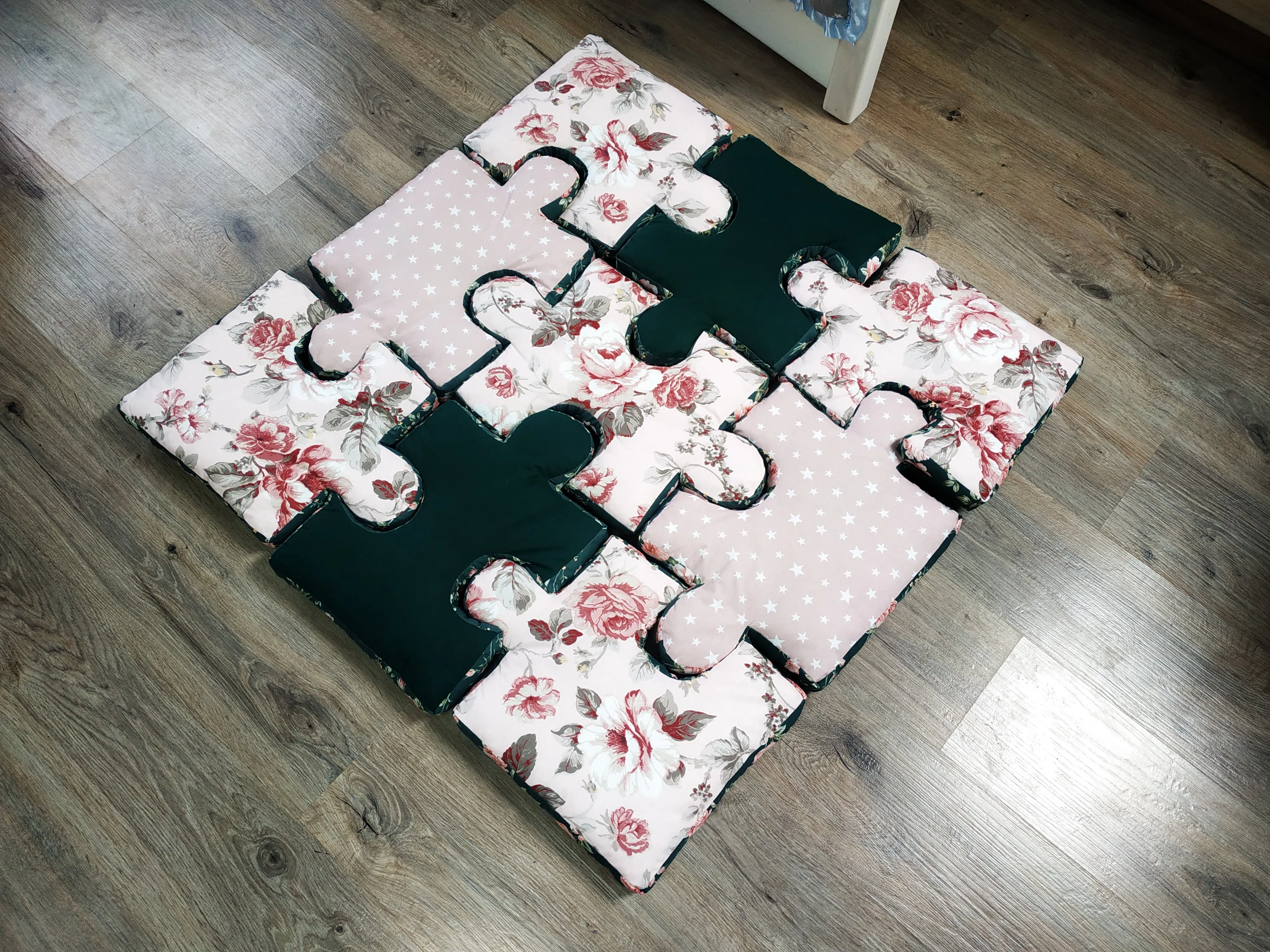 Blush pink and emerald color puzzle baby play mat with flowers and ...
