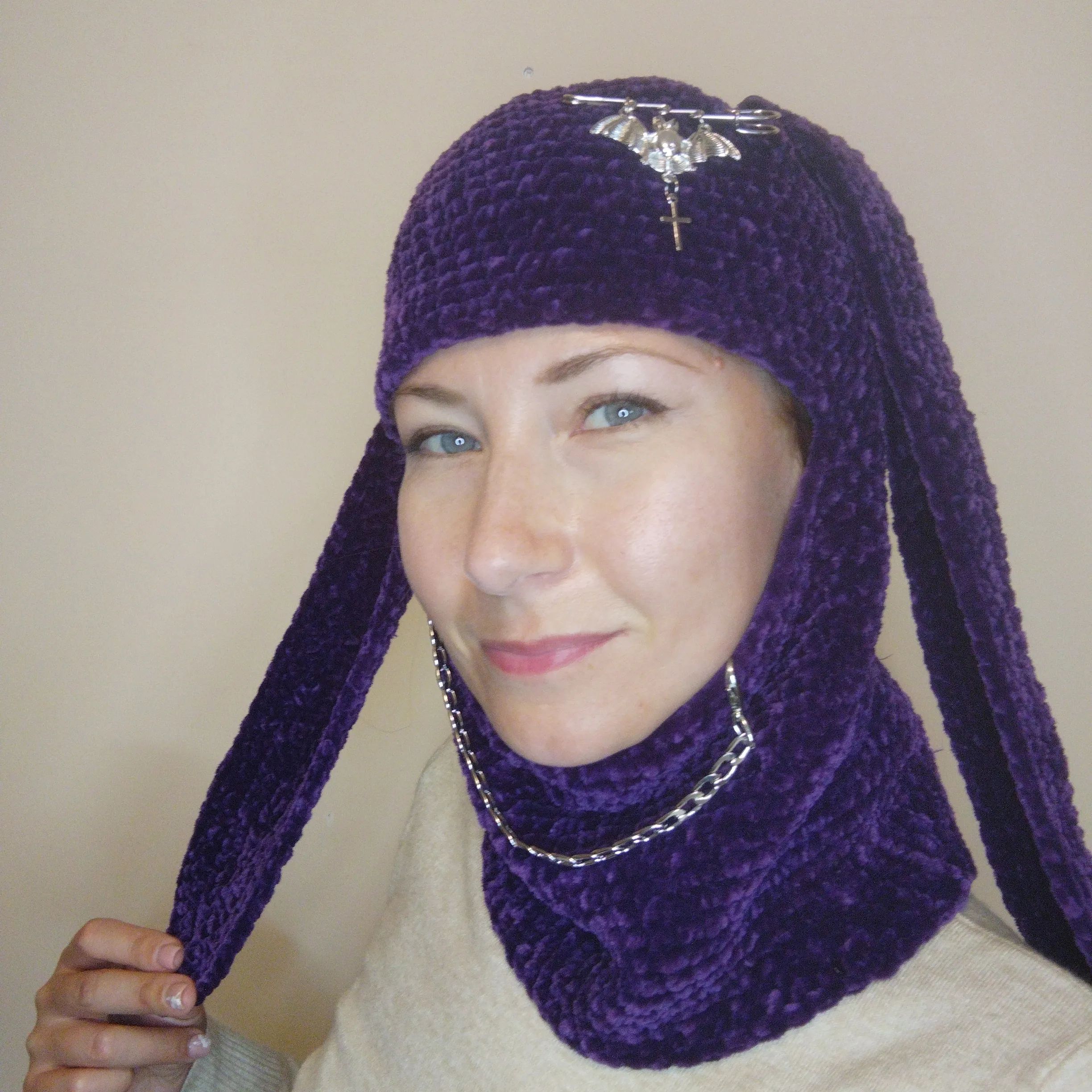 Purple bunny balaclava with bat charm Fluffy balaclava with bunny ears ...