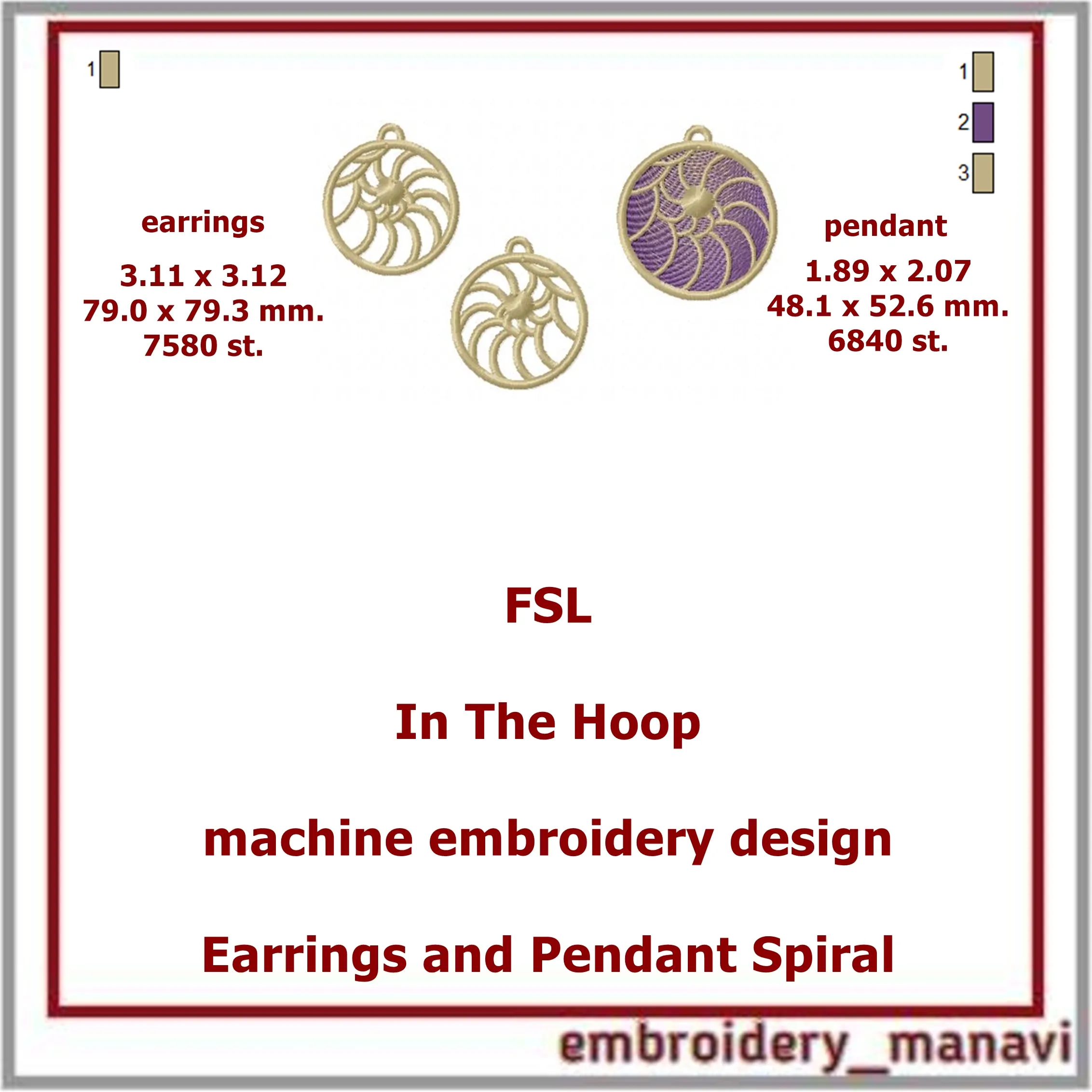 FSL In The Hoop Embroidery design Earrings and Pendant Spiral (ITH ...