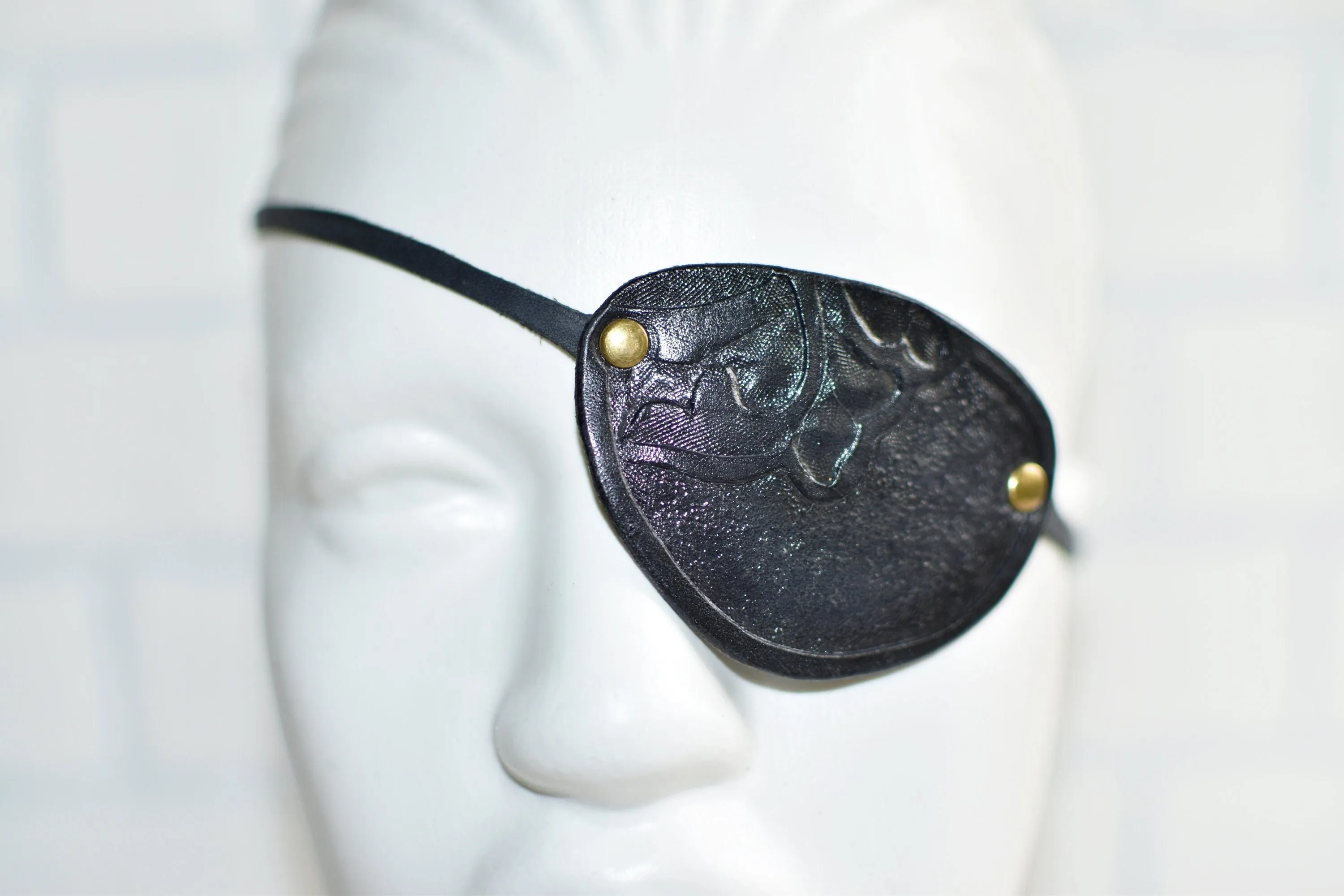 Engraved Leather eyepatch black to men pirate costume. Pirate eye patch, custom cosplay costume ...