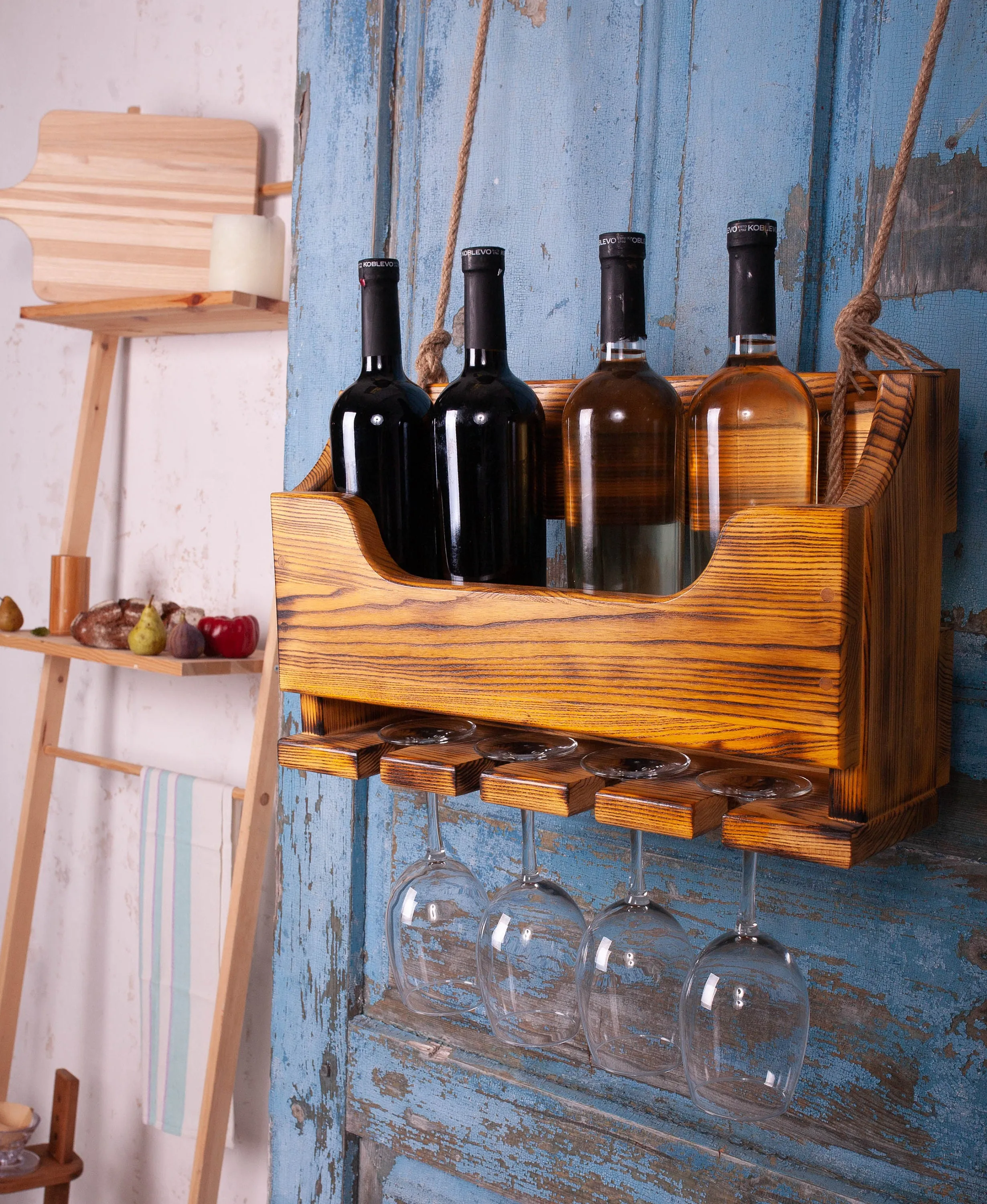 Shelf & Glass Holder Organizer Floating Ledge Rustic Bar Shelves ...
