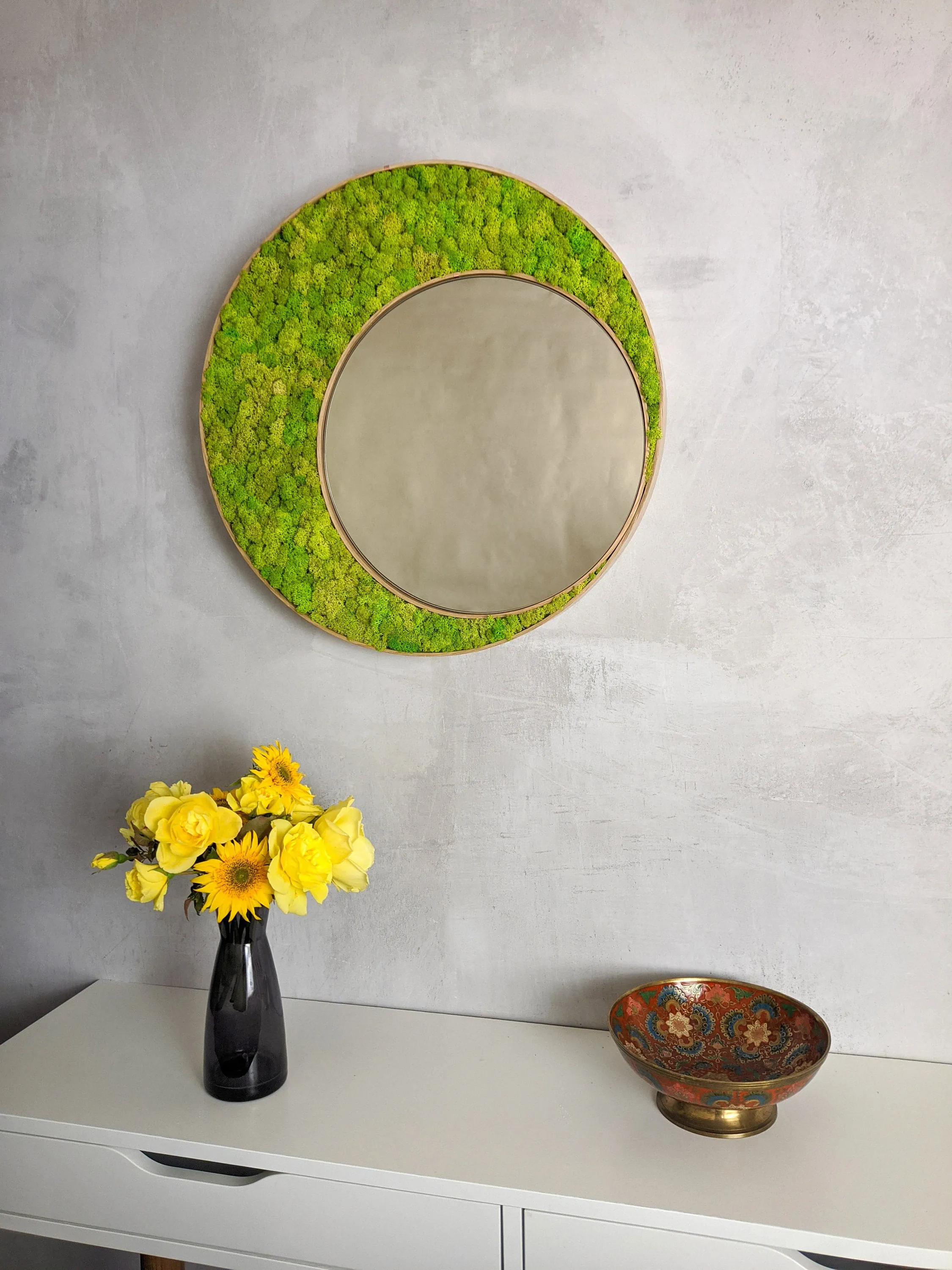 Moss wall art | Round bronze mirror | Circle moss mirror in wood oak ...