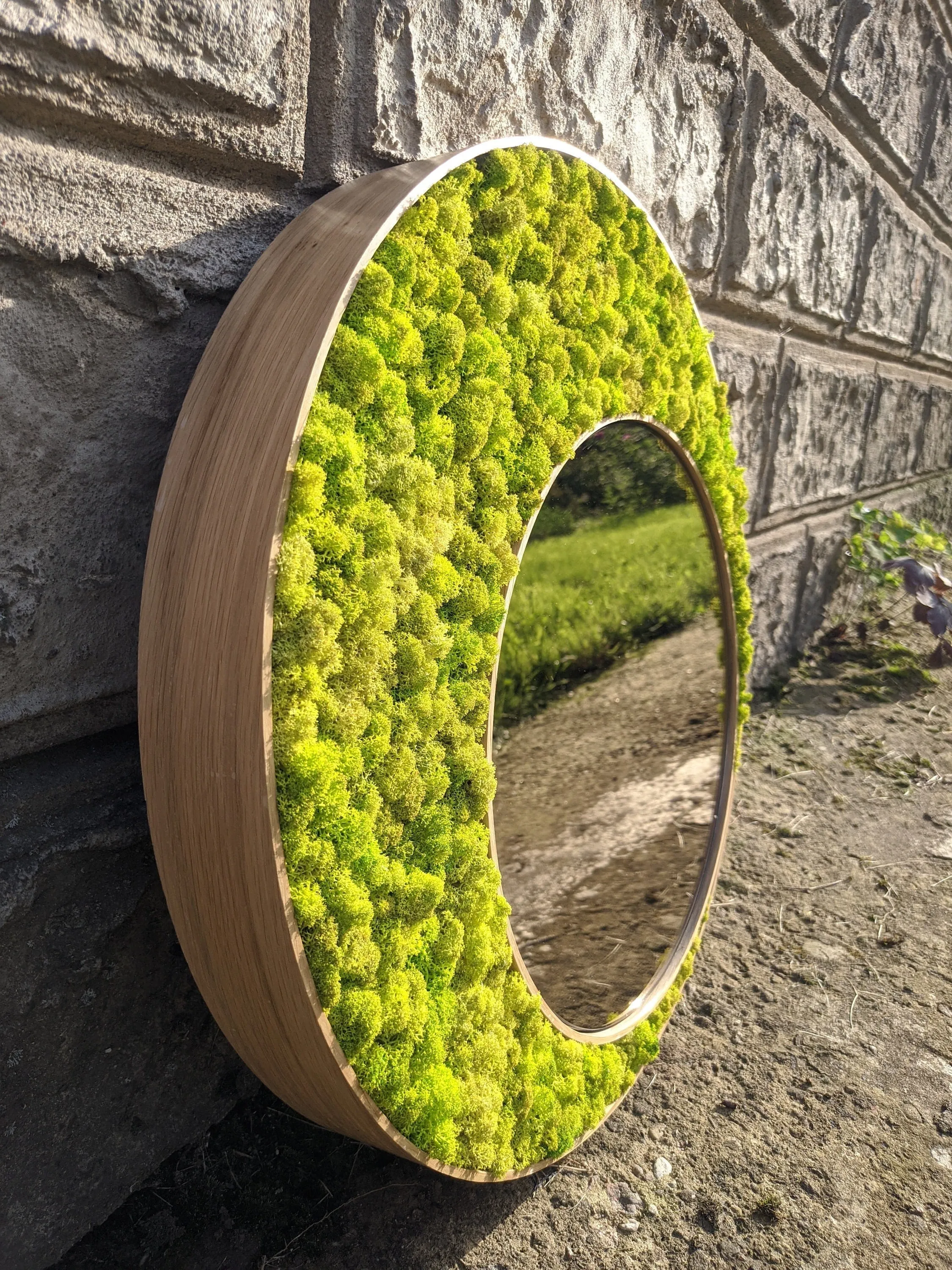 Moss wall art | Round bronze mirror | Circle moss mirror in wood oak ...